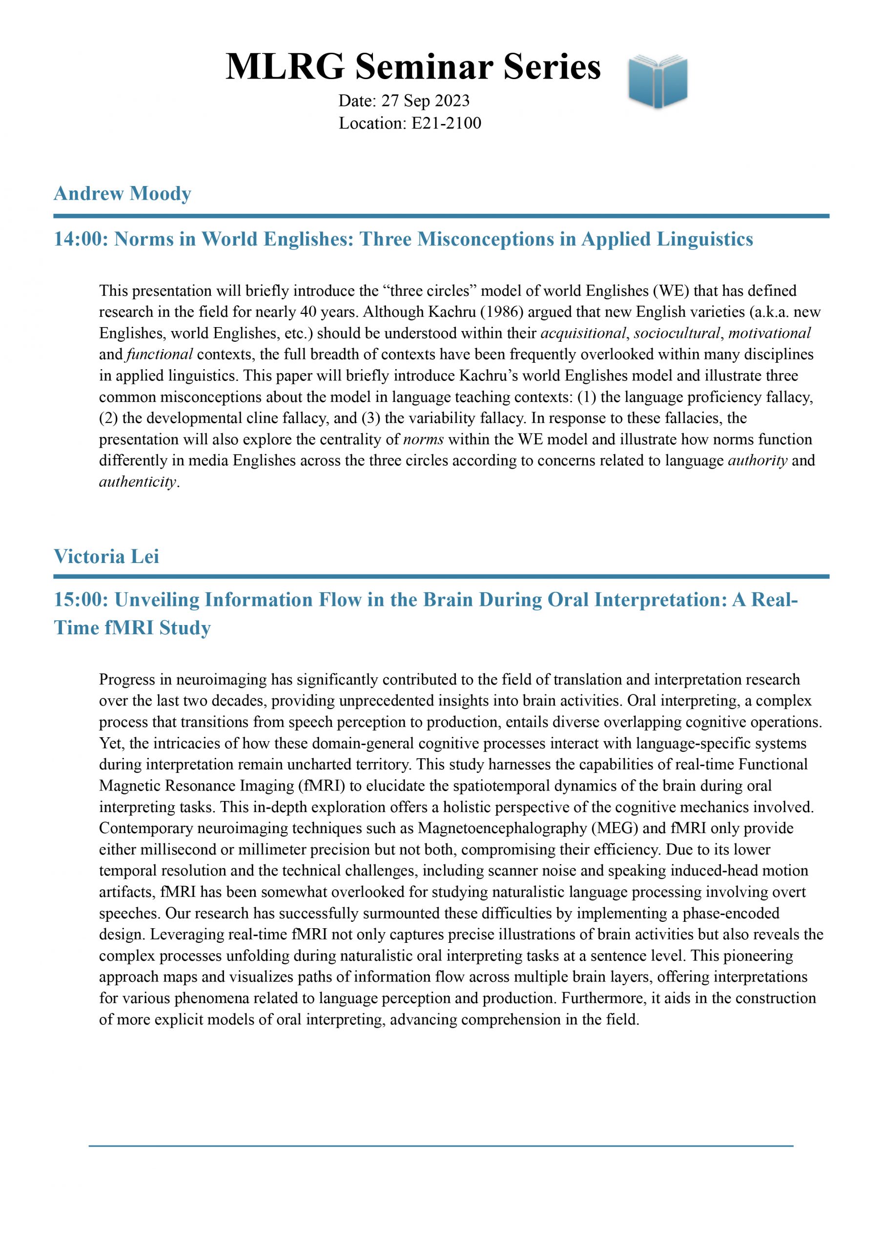 MLRG Seminar Series （ 27 Sep 2023 ） - 澳門大學語言學研究中心Centre for Linguistics